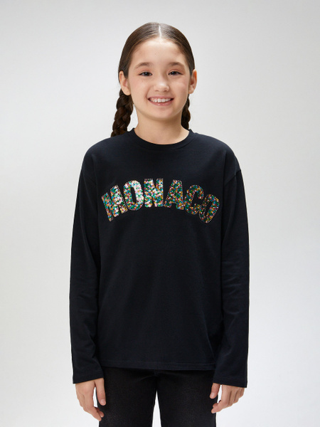 Лонгслив Девочки Acoola черный Длинный, размер 158 Трикотаж Пайетки свободный Однотонный ...