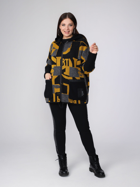 Жакет Женский BONADI горчичный, черный Шерсть, Полиакрилонитрил, размер 50 Капюшон оверсайз ...