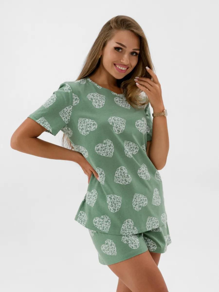 Пижама Женский NATIVIA с шортами Хлопок, Трикотаж, размер 48 оливково-зеленый Короткий Россия ...