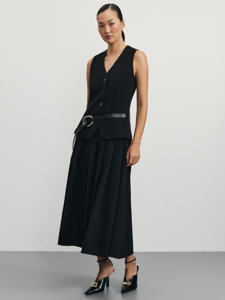 Юбка Женский Zarina черный Вискоза, Полиэстер солнце, размер 48 Молния Миди Складки Однотонный ...