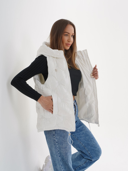 Жилет утепленный Женский KSV&HUV Капюшон, Карманы белый иней, размер 52, 54 Полиэстер ...