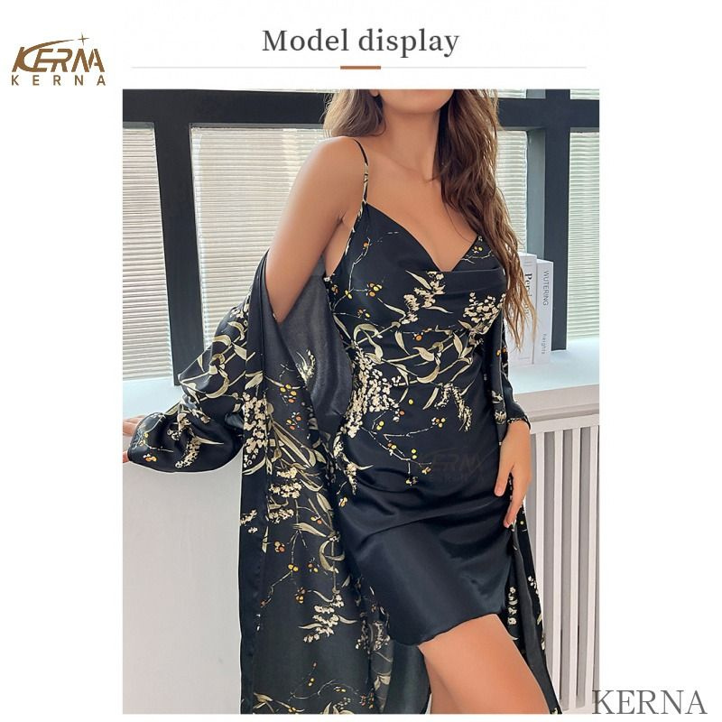 Ночная сорочка Женский KERNA с сорочкой, с юбкой Искусственный шелк, размер 54 Цветочный черный ...
