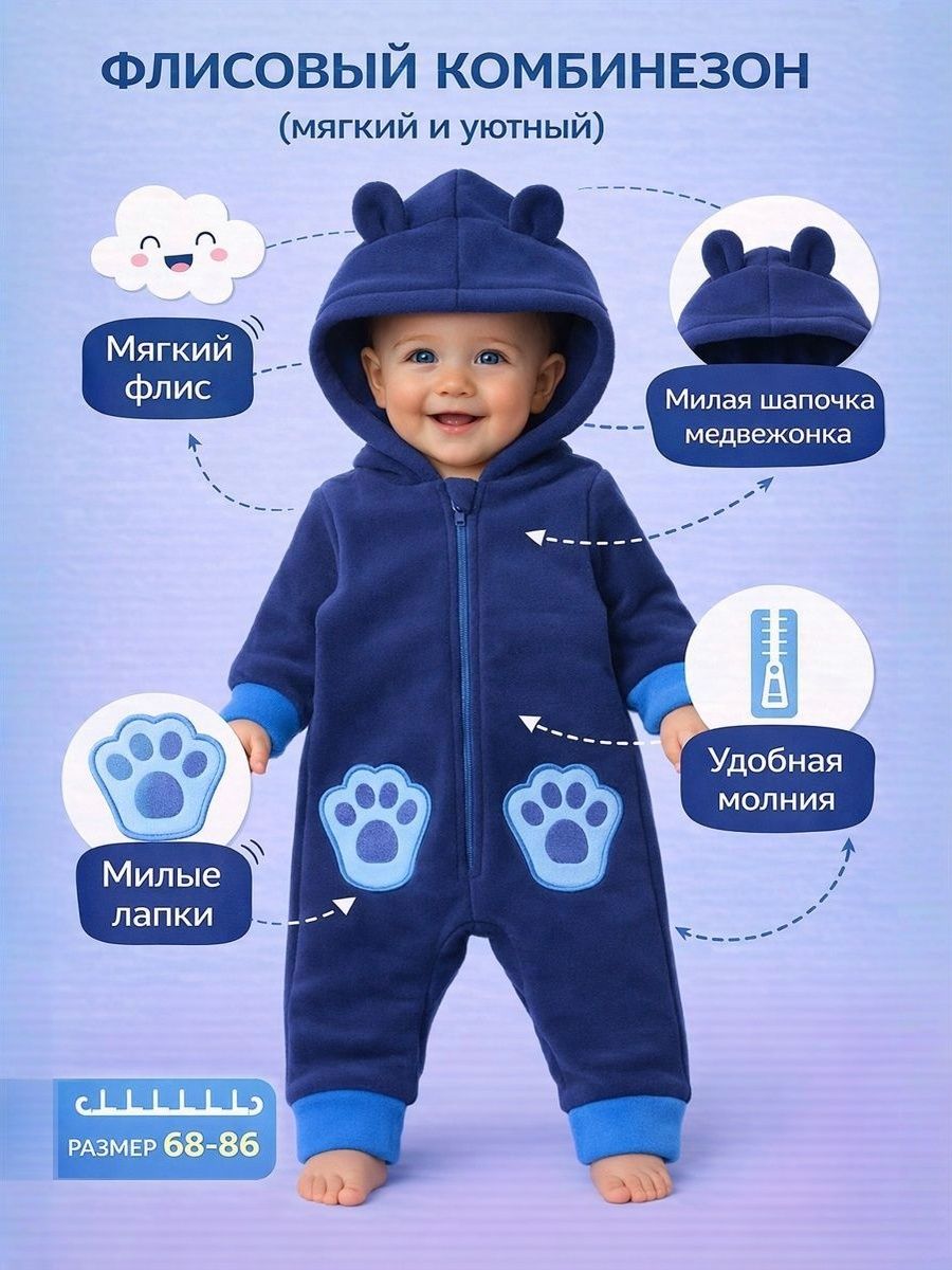 Комбинезон утепленный Девочки, Мальчики Bonito kids, размер 74 темно ...