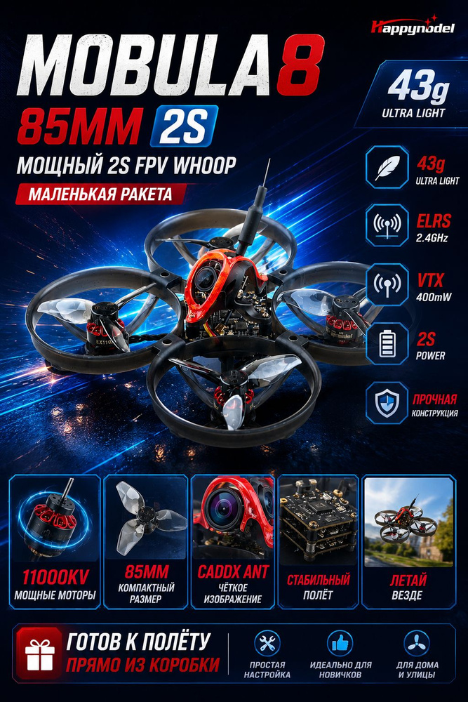 Happymodel Mobula8 Мини-модель с камерой 85мм 43г 2.4GHz для тренировок ...