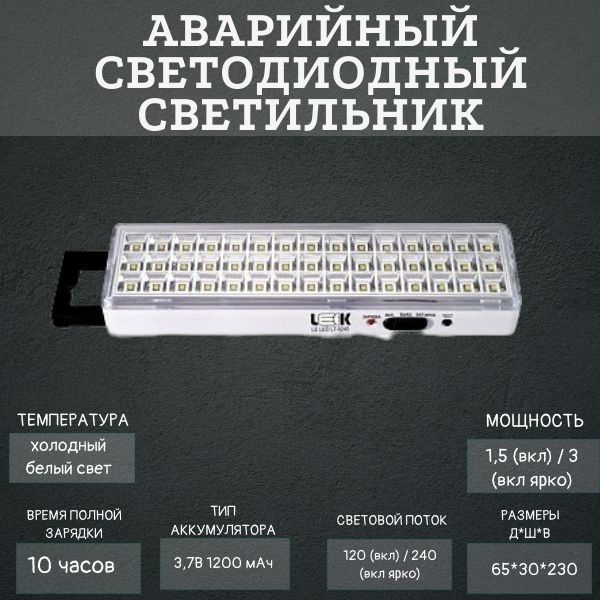 Светодиодный аварийный светильник 1,5Вт (вкл) / 3Вт (вкл ярко) 45 LED ...