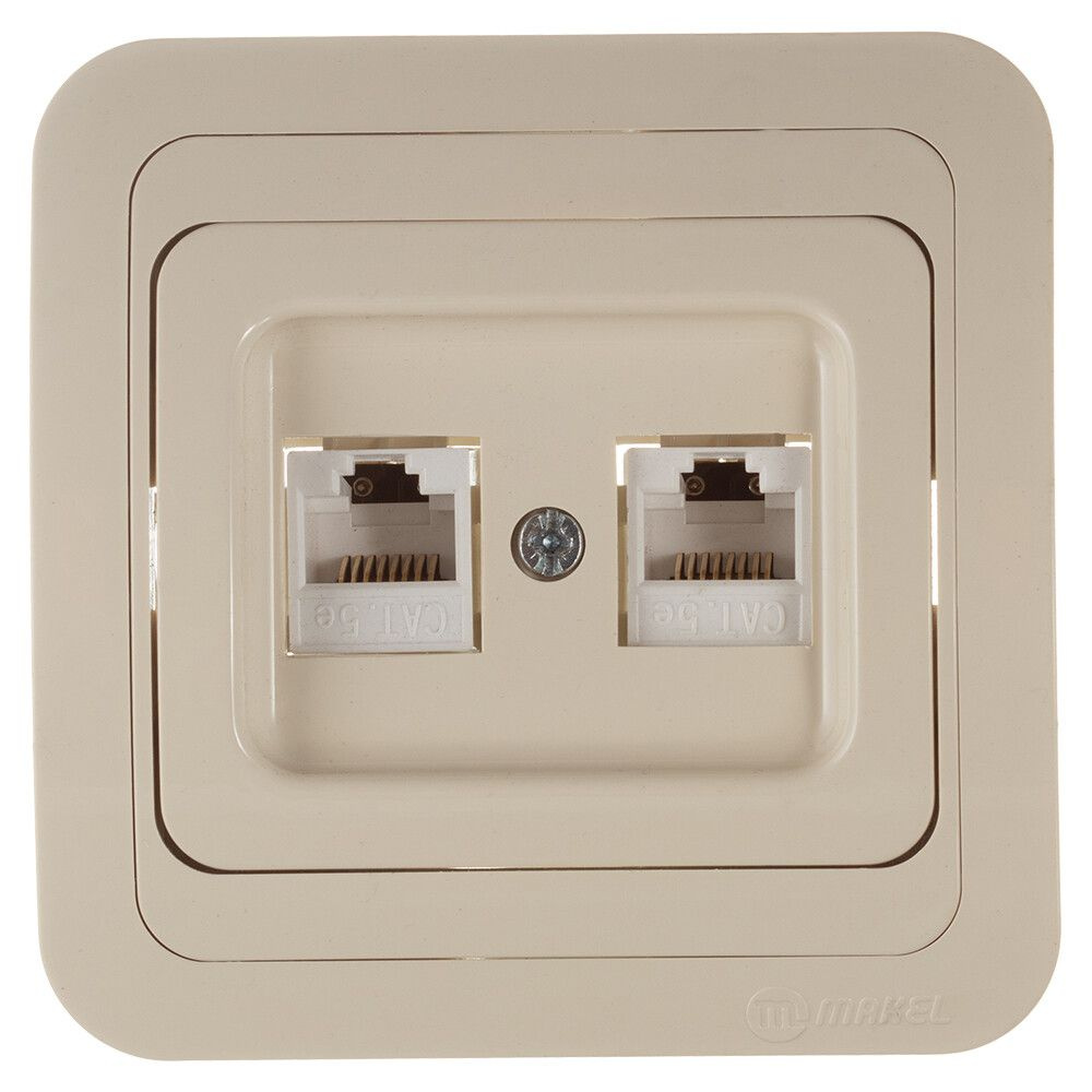 Розетка компьютерная с рамкой Makel Mimoza 25036 скрытая установка бежевая два модуля RJ45 cat ...