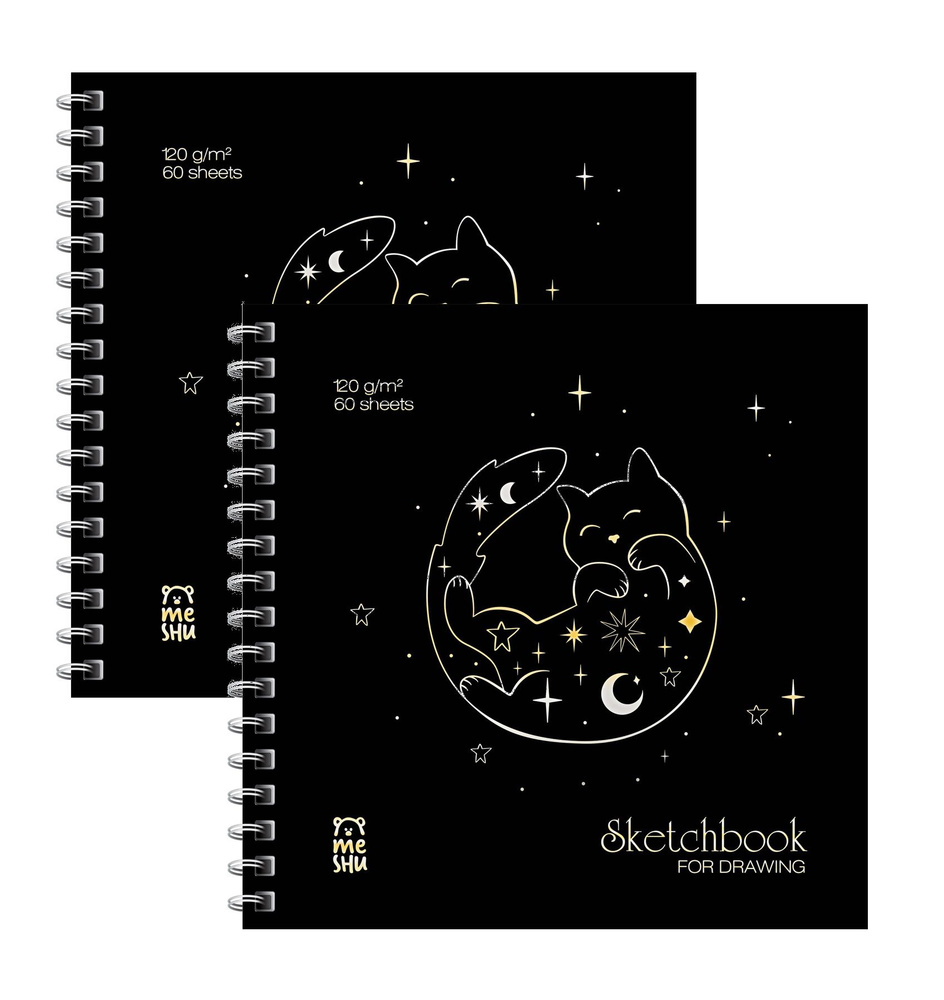 Набор из 2 шт. - Скетчбук 60л., 150*150 MESHU "Black Cat", на гребне, отд. фольгой, soft-touch ...