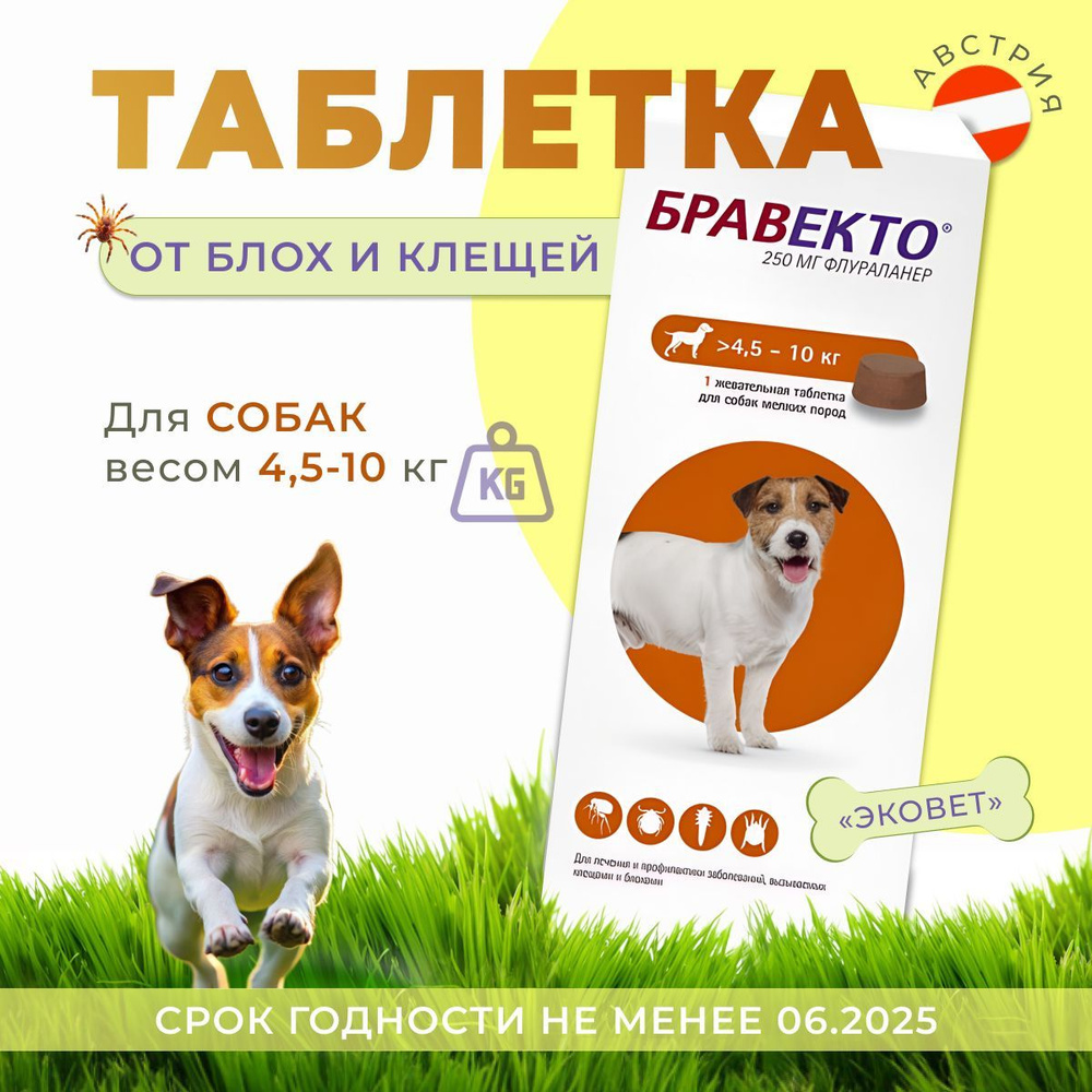 Бравекто таблетка жевательная от клещей и блох для собак весом 4.5-10 ...