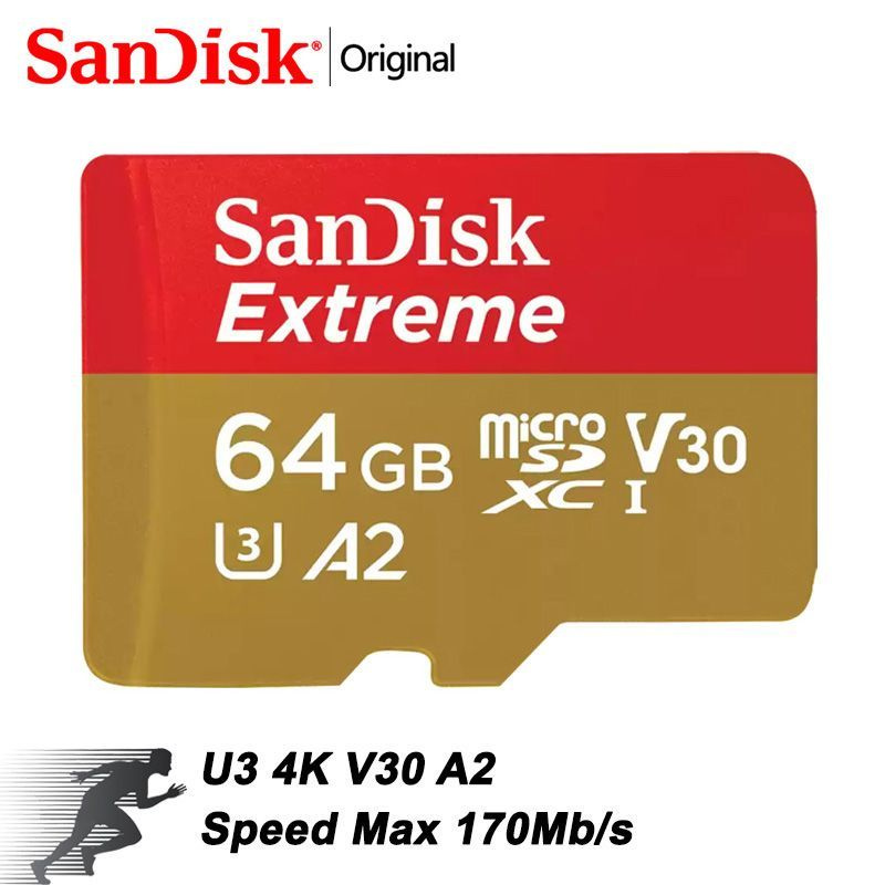 SanDisk 64 ГБ Карта памяти miniSD, microSDXC Extreme (SDSQXAH-064G), UHS-I U3, Class 10, запись ...