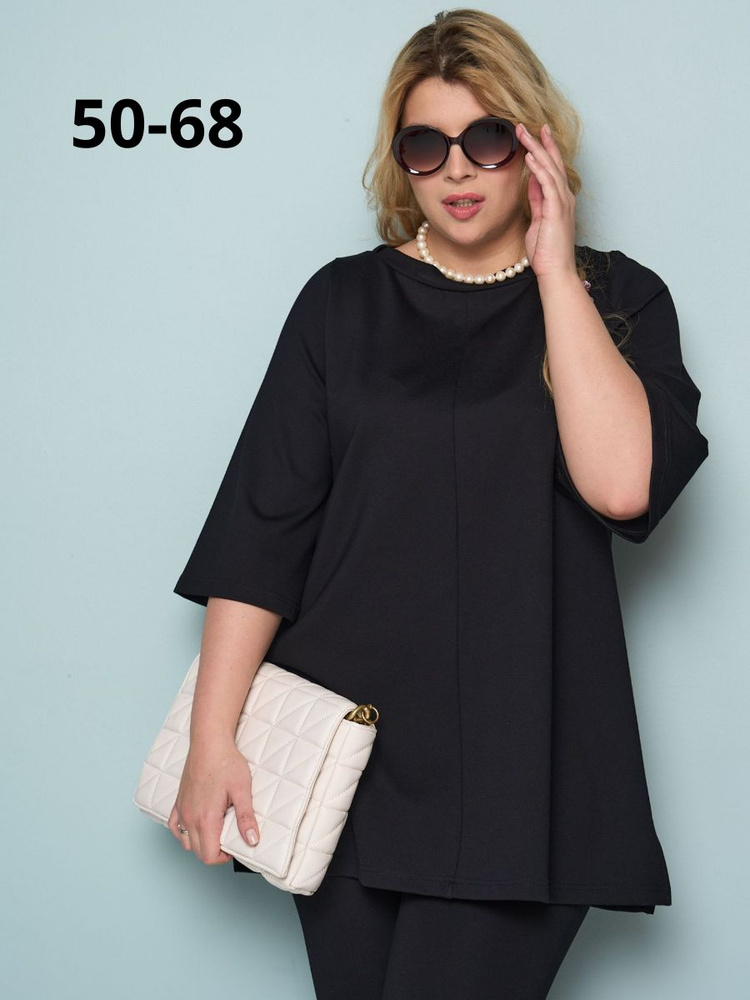 Туника Женский SPARADA Повседневный Три четверти черный, размер 62, 64 Россия Однотонный ...