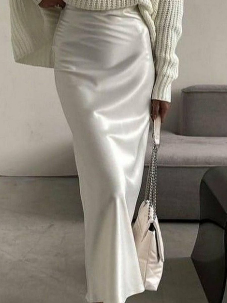 Юбка Женский BLACK KOSMOS белый, молочный Атлас трапеция, размер 40 Молния Макси Однотонный На ...