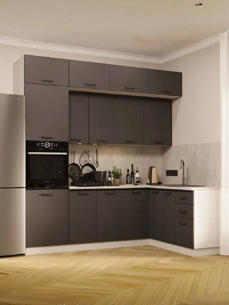 Модульная кухня угловая МДФ 2 4х1 6м Урбан графит софт без столешницы с пеналом под духовой