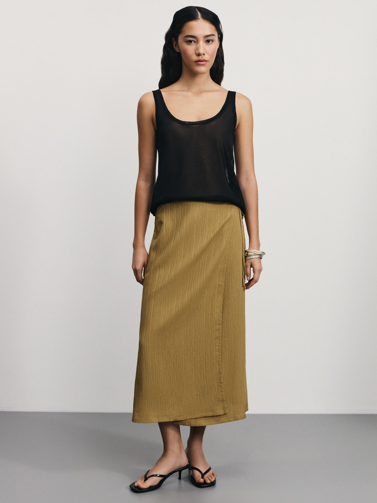 Юбка Женский Zarina оливковый Полиэстер прямая, размер 46 Пуговицы Миди Однотонный Демисезон ...