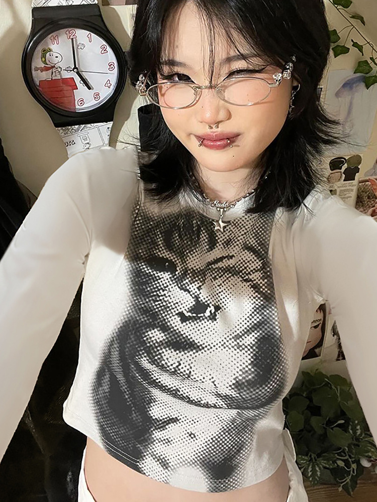 Топ Женский SYJWY белый, размер 42 Хлопок Короткий Повседневный Китай облегающий Животные купить ...