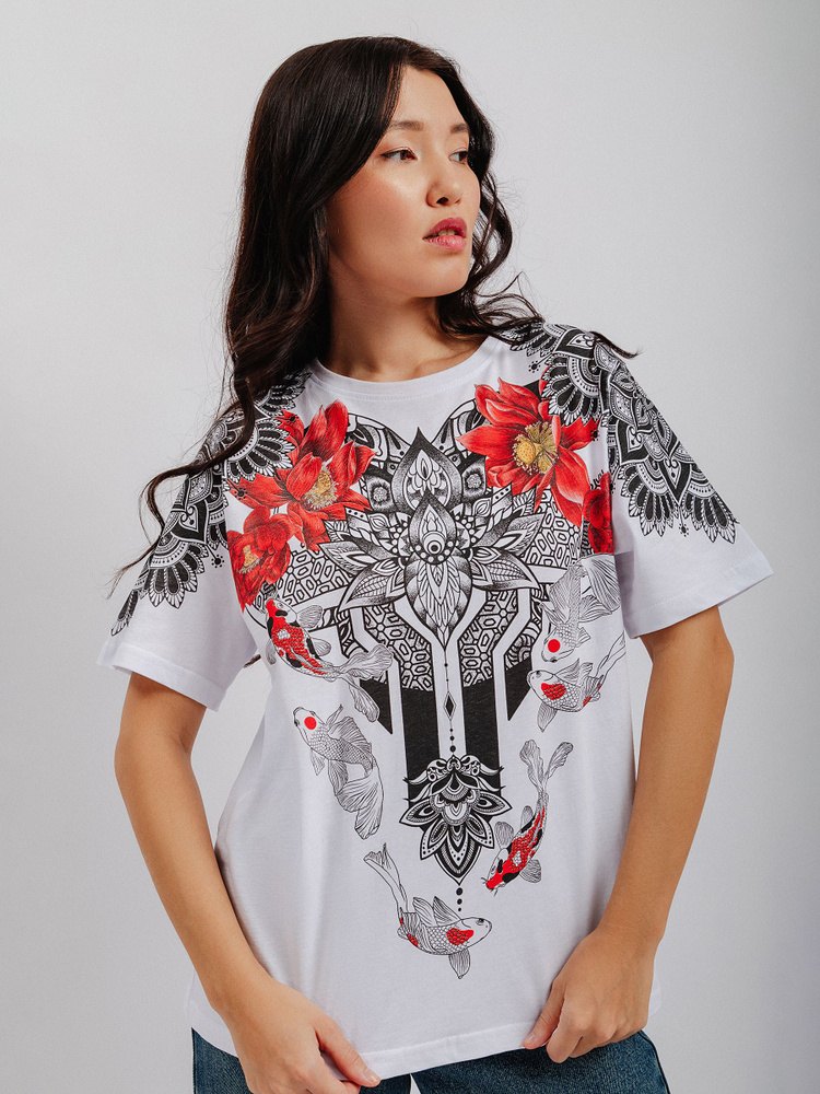 Футболка Женский KyKy wear белый Короткий, размер 54 Хлопок свободный Повседневный Россия купить ...