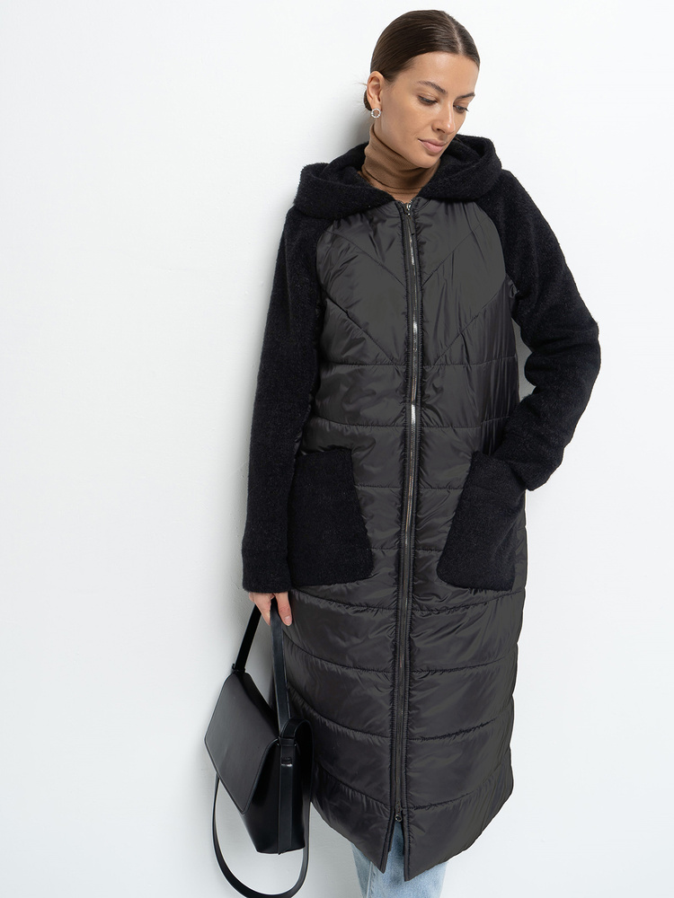 Пальто утепленное Женский Adeleda Fashion Карманы черный капюшон Полиэстер, размер 48 Длинный ...