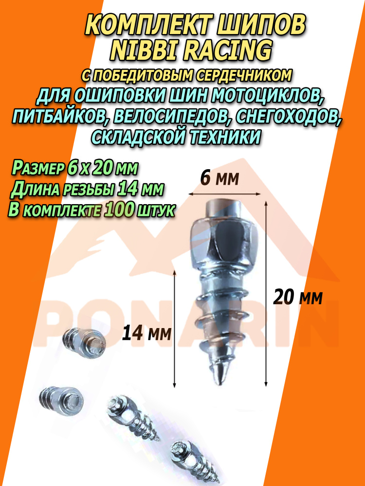 Комплект шипов 6 х 20 мм (резьба 14 мм), 100 шт. Nibbi Racing c ...