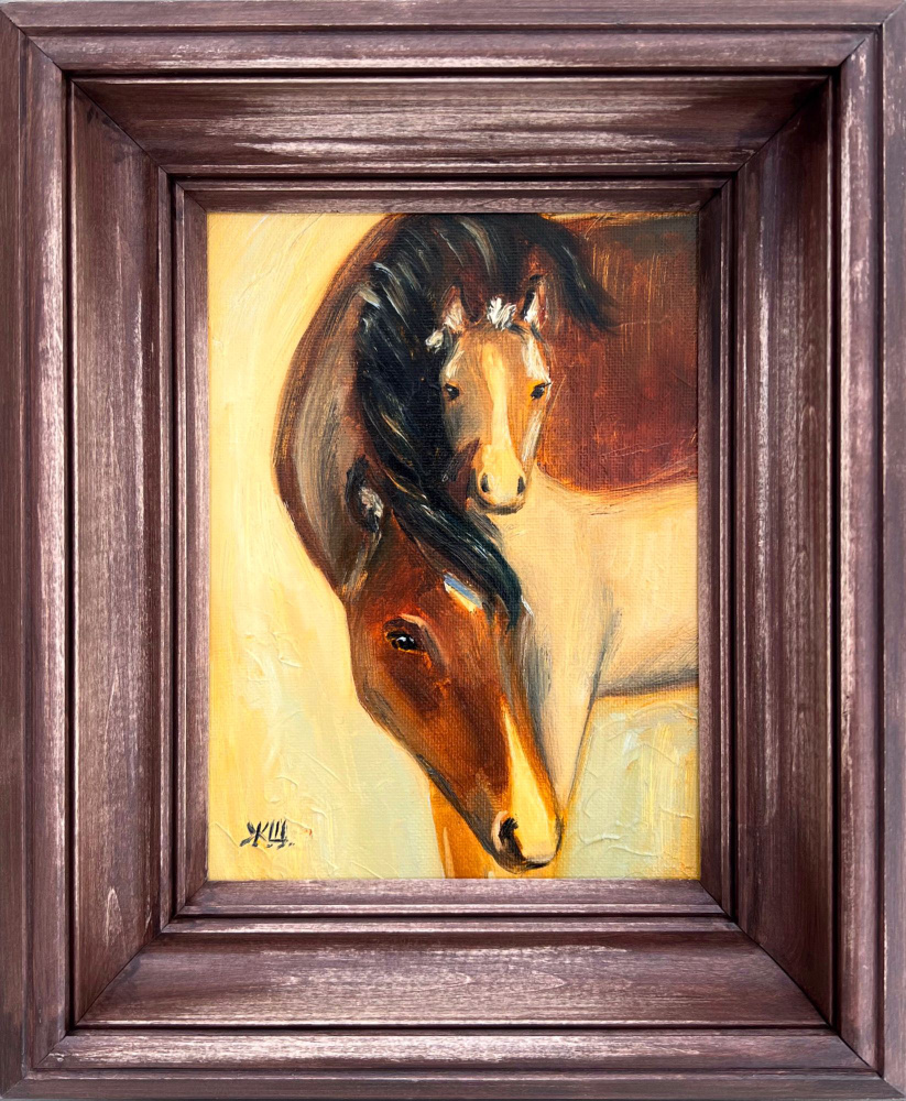 Картина маслом Лошадки, Мамина любовь, в деревянной раме, 28-23 см ...