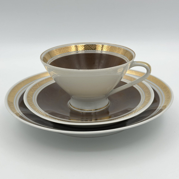 Чайное трио с геометрическим орнаментом, мануфатура WORKS GEHREN, фарфор, крытьё, золочение, ГДР ...