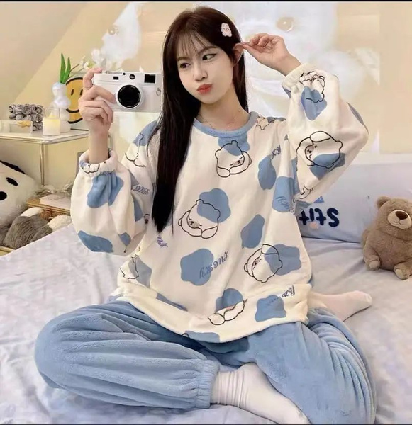 Пижама Женский SAIMEIQI с брюками Микрофибра, размер 48 Однотонный голубой, белый Длинный Россия ...