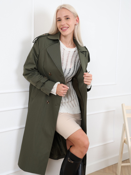 Плащ Женский SLN темный хаки Средний Пояс/ремень, Воротник, размер 44, 46 Хлопок, Вискоза Россия ...