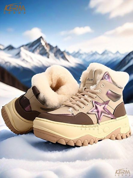 Дутики Женский KERNA бежевый Мех искусственный Зима Шнурки D Россия Шнуровка Платформа Толстая ...