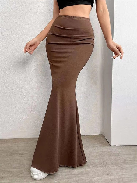 Юбка Женский phumee коричневый Полиэфир, Спандекс, размер 42 Макси Складки Однотонный На любой ...