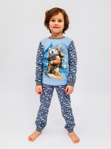 Пижама Мальчики KyKy wear с брюками Хлопок, размер 122, 128 голубой Длинный Россия Без застежки ...