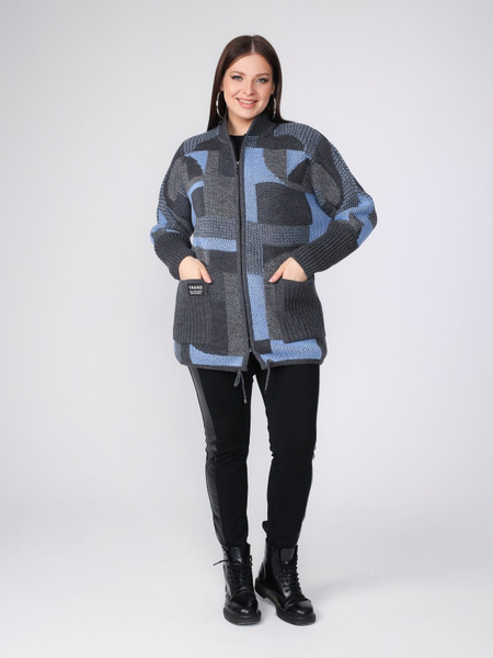 Жакет Женский BONADI голубой, серый Трикотаж, размер 54 Карманы полуприлегающий Длинный Молния ...