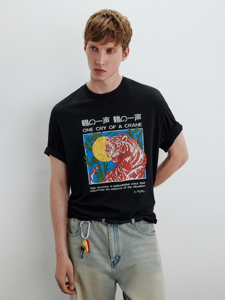 Футболка Мужской Befree черный Короткий, размер 44 Хлопок Разноцветный свободный Повседневный ...