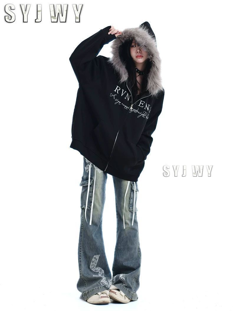 Толстовка Женский SYJWY Значки черный Молния Полиэстер FR, размер 44 свободный Длинный Логотип ...