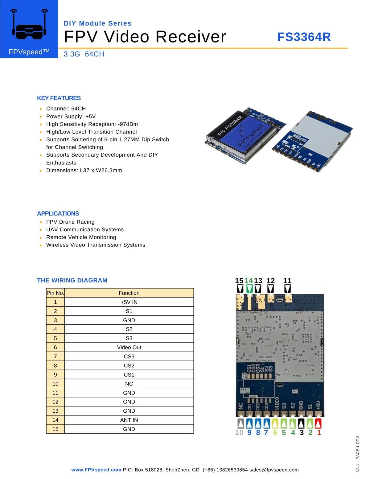 Bидеоприемник FS3364R 3.3G 64CH VRX Модуль, vrx 3.3ГГц, 64каналов ...