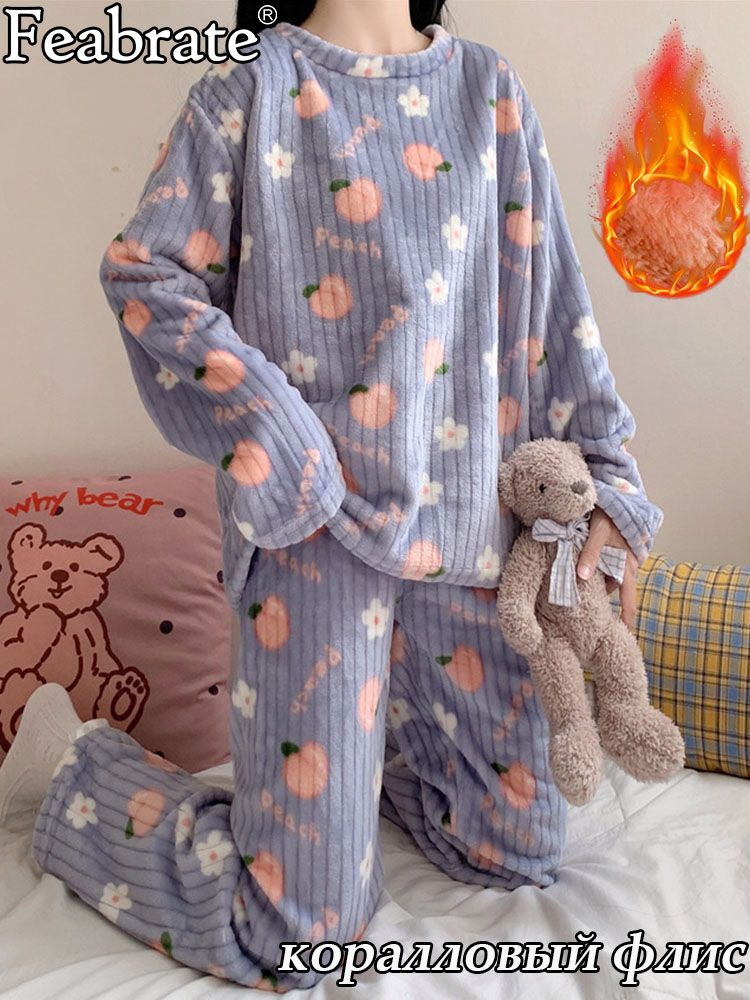 Пижама Женский Feabrate с юбкой Корал-флис, размер 42, 44 Однотонный синий Длинный Китай Вышивка ...