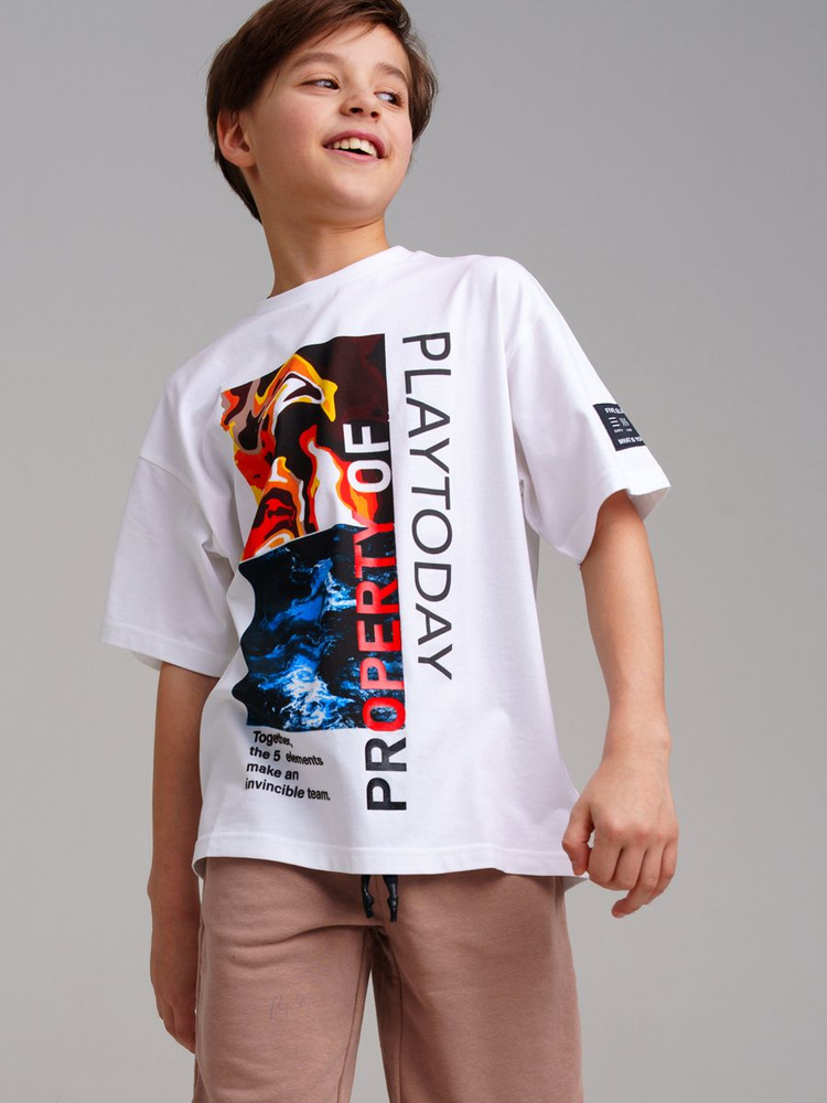 Футболка Мальчики PlayToday белый Короткий, размер 134 Трикотаж Логотип Повседневный Индия ...
