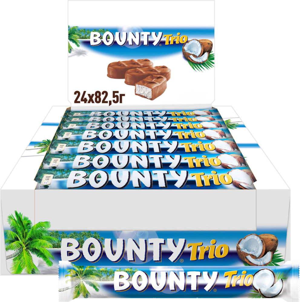 Шоколадные батончики Bounty Trio с кокосом, 24 шт по 82,5 г купить на ...