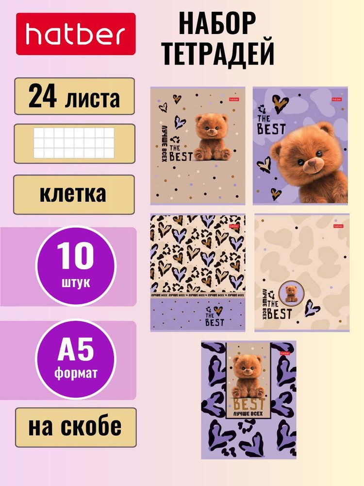 Набор тетрадей Hatber 24 листа, формата А5, в клетку, 65 г/кв. м, на скобе, 10 штук/5 дизайнов ...