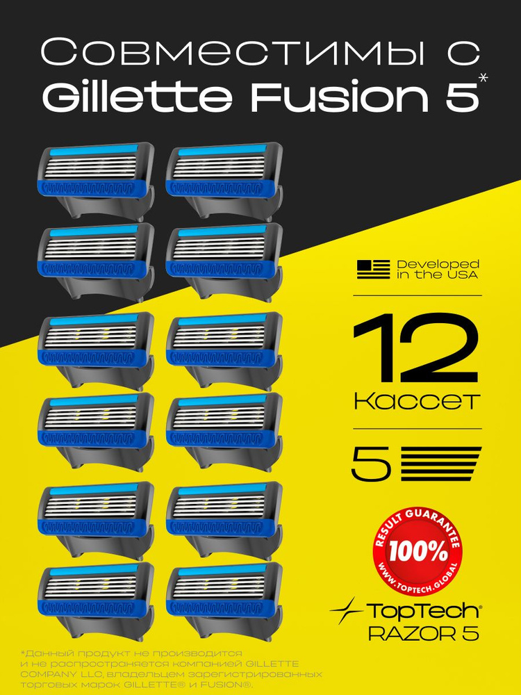 12 шт. сменные кассеты для бритья мужские TopTech Razor 5, с 5 лезвиями. лезвия для бритвы ...