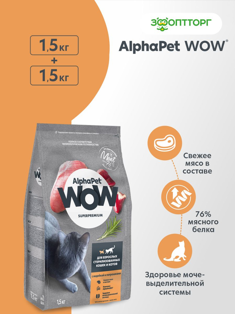 Сухой корм AlphaPet WOW Superpremium для взрослых стерилизованных кошек и котов, Индейка и ...