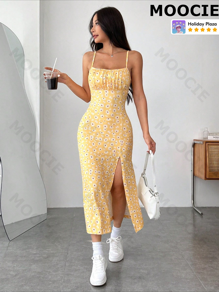 Сарафан Женский MOOCIE желтый Повседневный Без рукавов Корсет, размер 42 Шнуровка Фруктовый ...