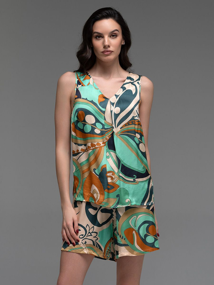 Пижама Женский Mia-Amore с шортами Шелк, размер 52 Анималистический разноцветный Бретельки ...