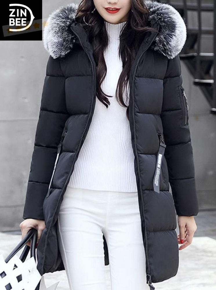 Пальто пуховое Женский ZinBee черный Политекс, размер 48 Длинный Демисезон Китай купить c ...