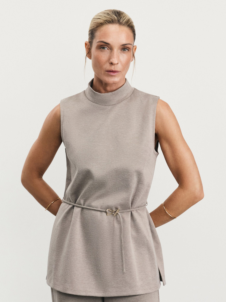 Жилет Женский Zarina бежевый меланж Полиэстер, Эластан, размер 48 Карманы прямой трикотажный Без ...