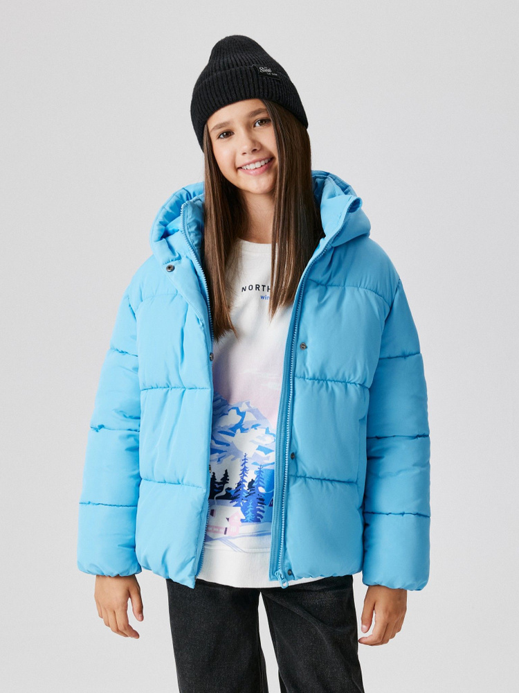 Куртка Девочки Acoola Капюшон, Карманы бирюзовый капюшон Текстиль, Полиэстер, размер 104 Длинный ...