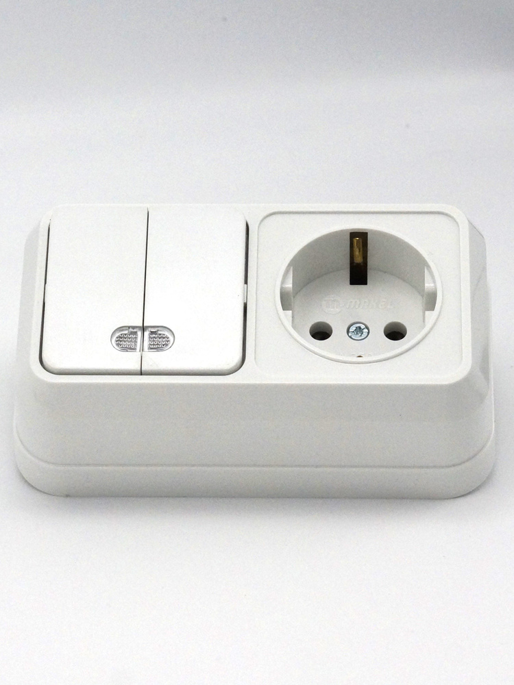 Блок выключателя двойного с подсветкой и розетки с заземлением Макел/Makel 451А4 наружный белый ...