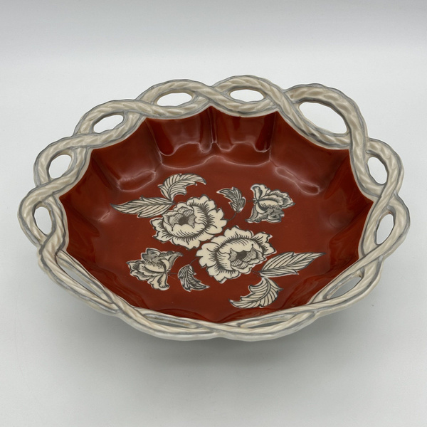 Ваза конфетница, украшенная плетеным бортом и цветочным декором, фарфор, деколь, Oscar ...