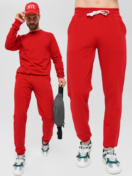 Брюки Мужской tribes джоггеры, зауженные красный Хлопок Спортивный, размер 54 Завязки На любой ...