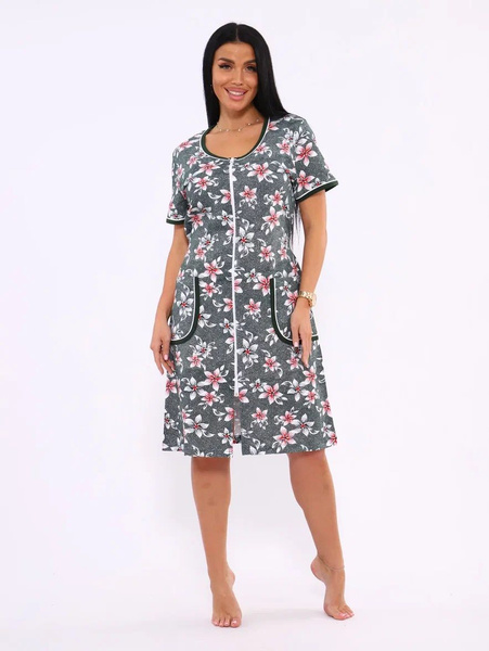 Халат Женский GENJO Домашний Карманы серо-зеленый Молния Хлопок, размер 64 Короткий Россия ...