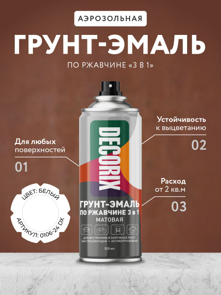 Аэрозольная грунт-эмаль по ржавчине 3 в 1 краска для металла белая матовая DECORIX 520 мл в ...