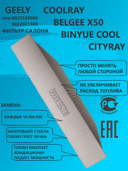 Geely Фильтр салонный арт. Кулрей 8025530000; Ситирей 8022021300, 1 шт ...