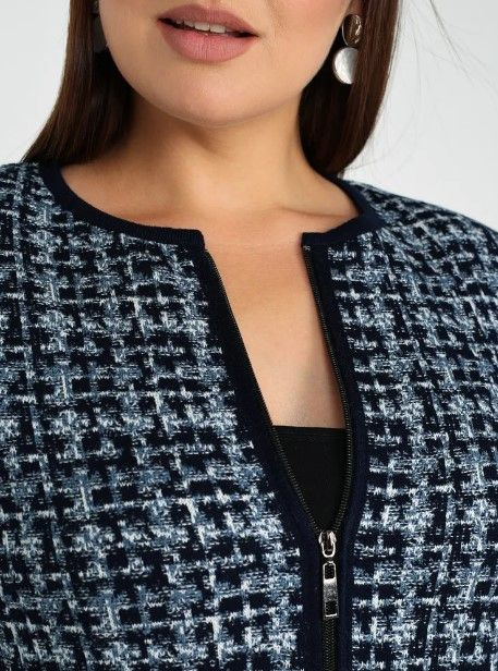 Пиджак Женский BONADI джинс, синий, размер 48 Трикотаж полуприлегающий Длинный жакет-"шанель ...